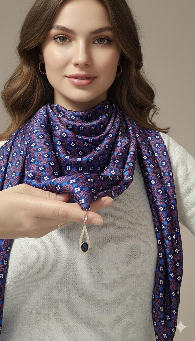 Elegant Blue Silk Triangle Scarf With Gold Pendant – Parisian Style ...