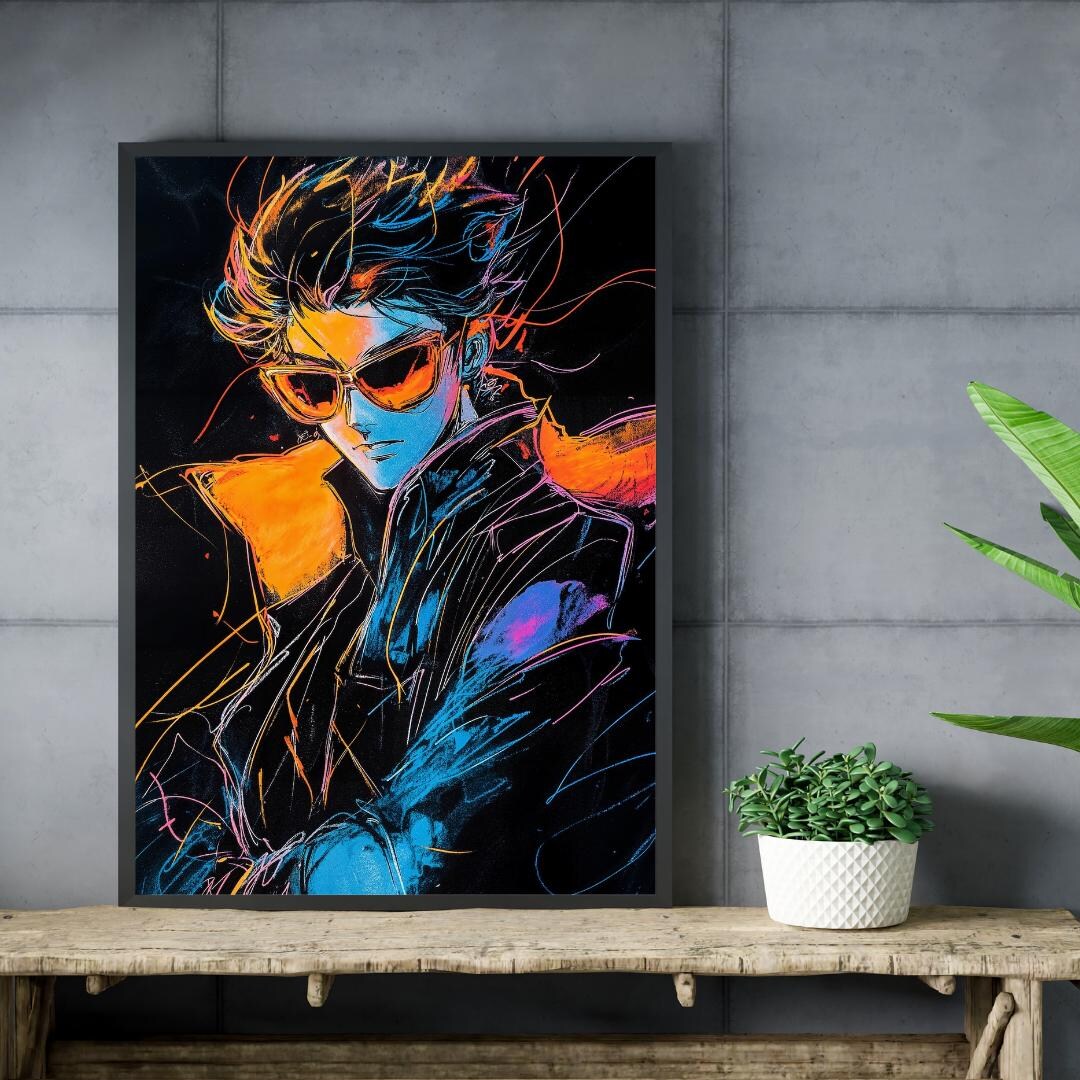 Hand-drawn Anime Poster – Neon Manga Art With Sunglasses – High ...