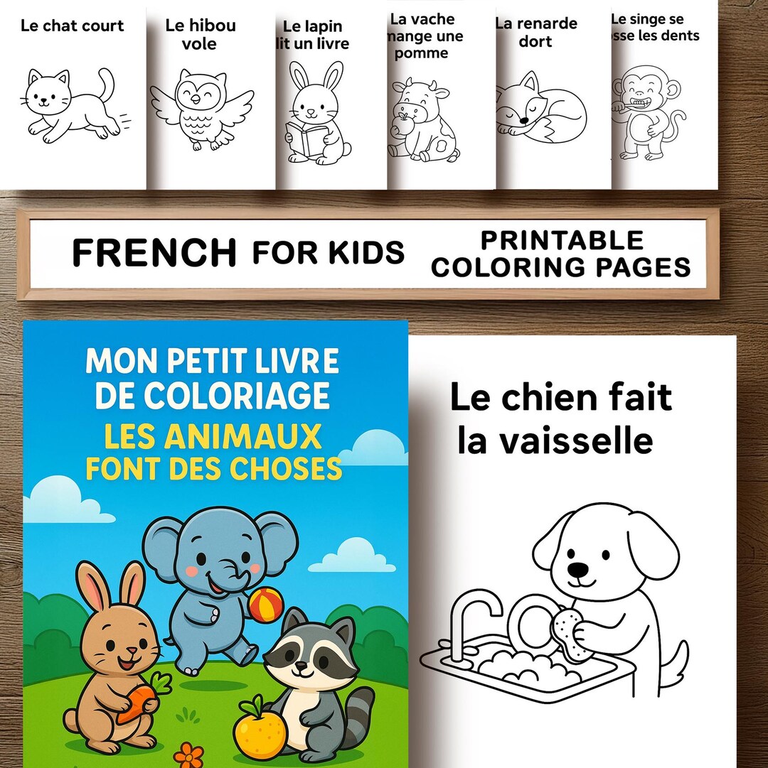 French Animal Coloring Pages for Kids Printable Book Learn Verbs With ...