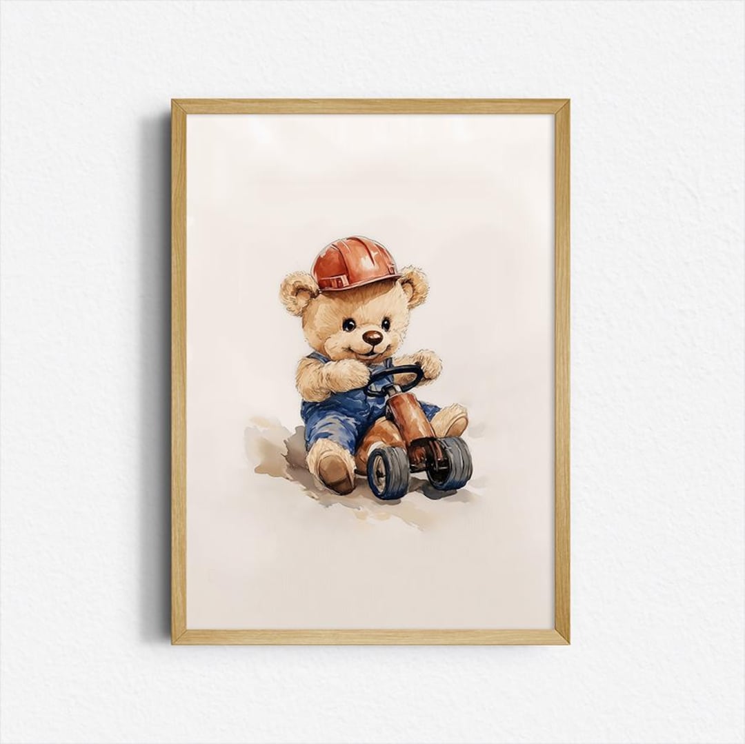 Retro Teddy Bear Construction Worker Print – Vintage Kids Wall Art ...