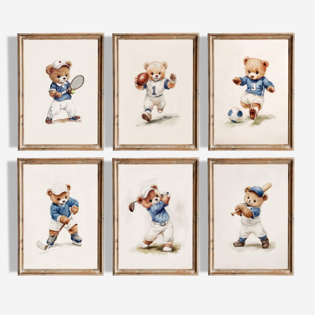 Vintage Teddy Bear Sports Nursery Prints: Retro Style Art (set of 6 ...
