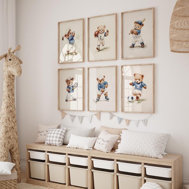Vintage Teddy Bear Sports Nursery Prints: Retro Style Art (set of 6 ...