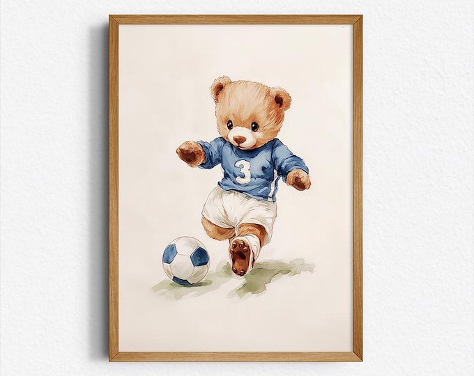 Teddy Bear Soccer Art | Watercolor Print for Kids Room Decor ...