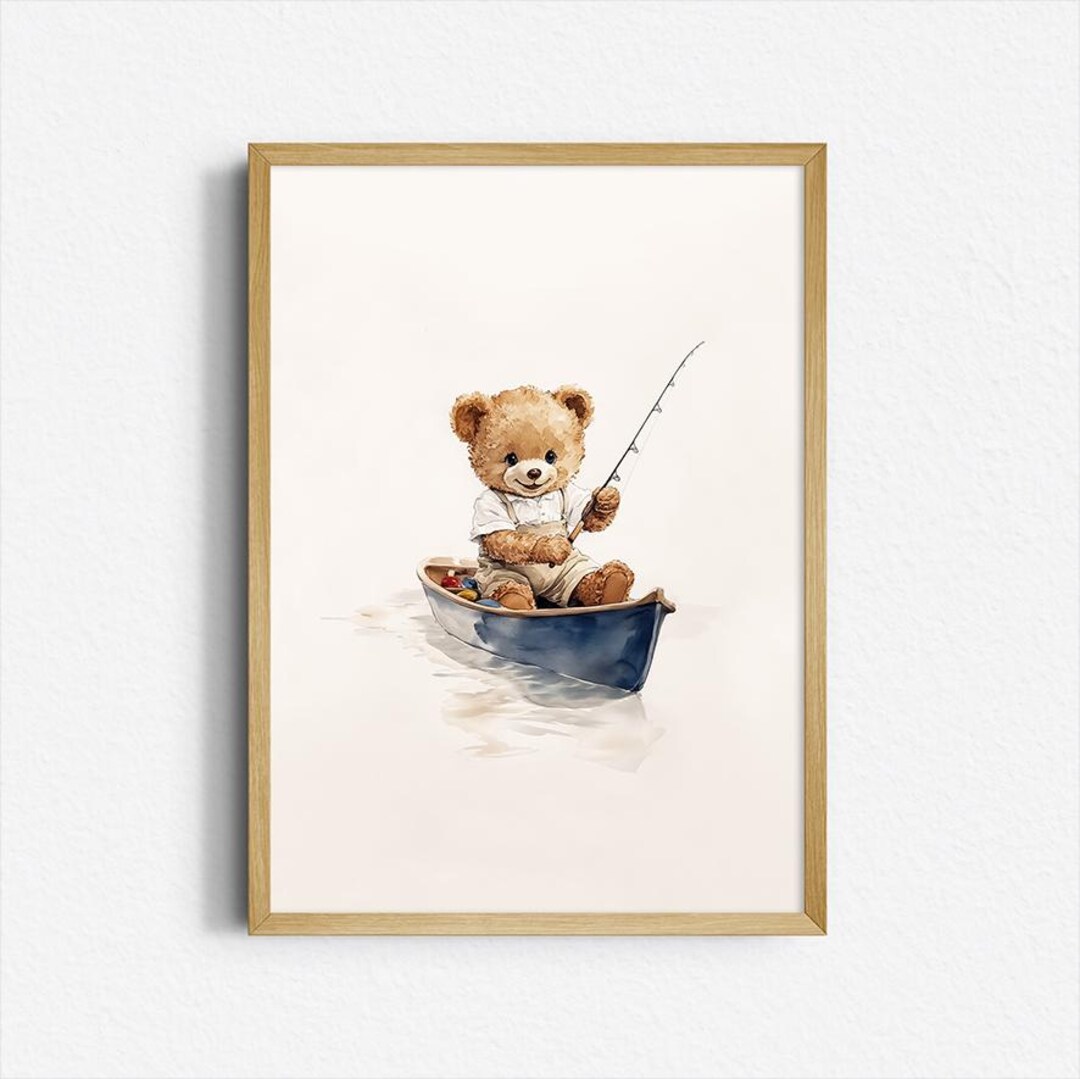 Vintage Fishing Teddy Bear Print, Bear in Boat Wall Art, Retro Nursery ...