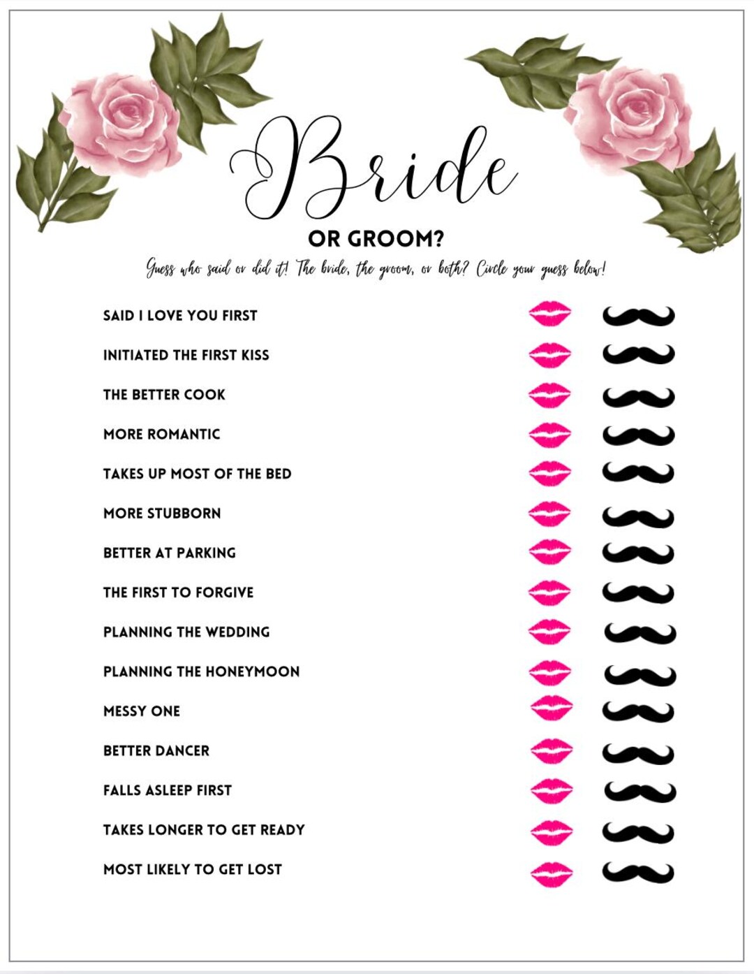Bachelorette or Bridal Shower Game: Guess the Bride or Groom - Etsy
