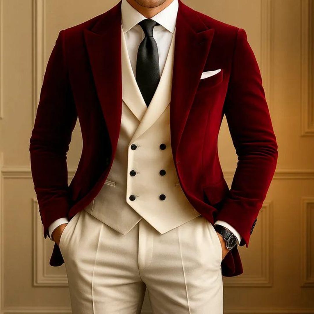 Mens Velvet 3-piece Suit: Slim Fit Groom Wedding Men Luxury Event Suits ...
