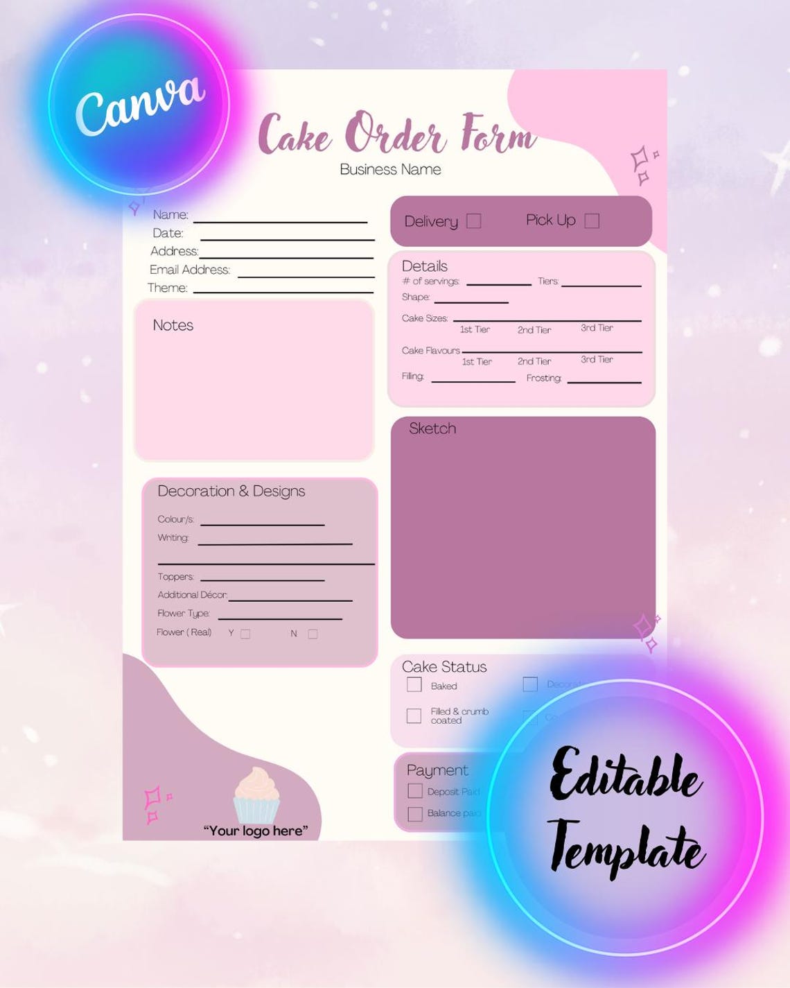 Cake Order Form Template, DIY Editable Cake Business Order Form ...