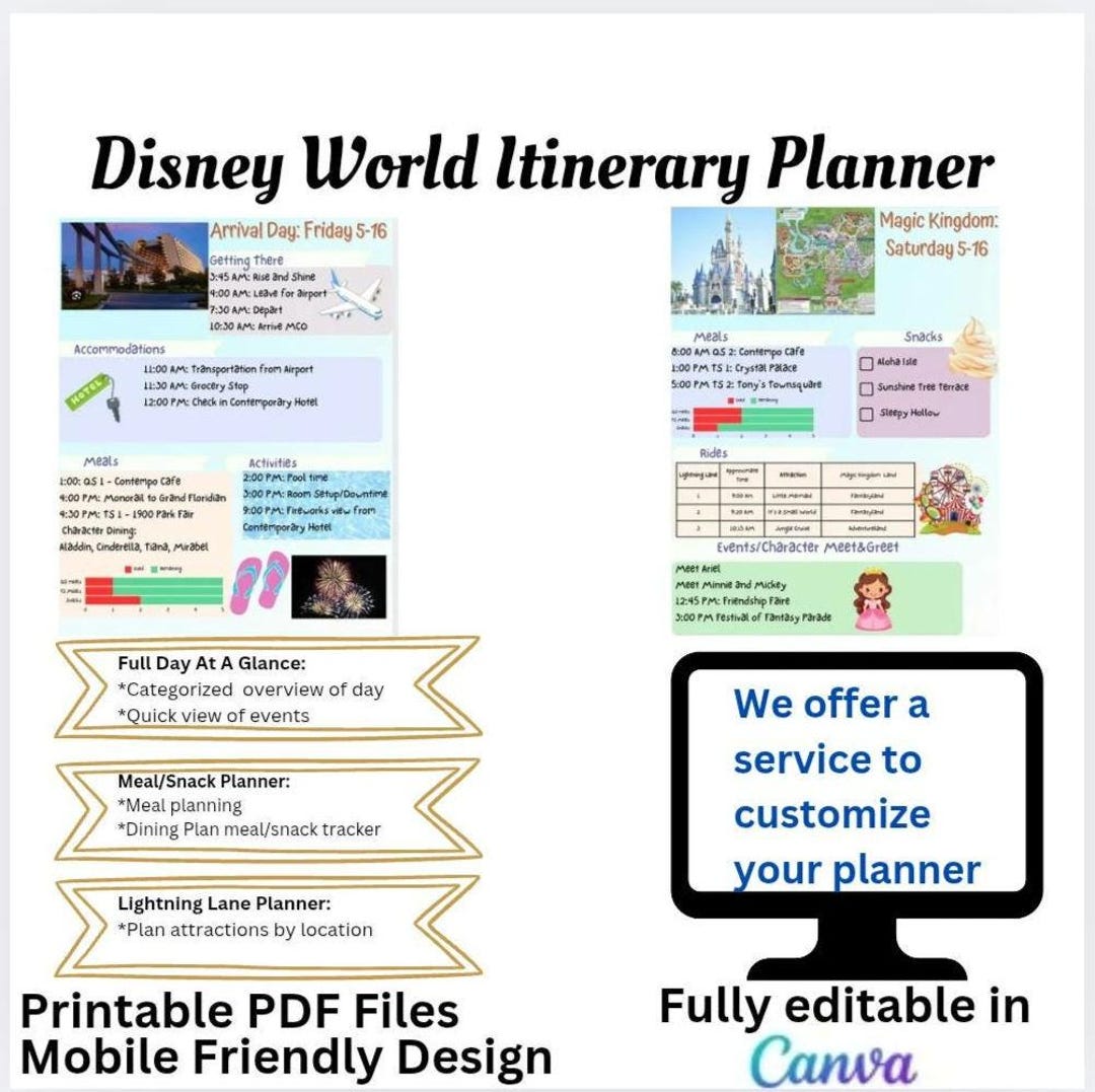 Disney World Custom Itinerary/planner Template - Etsy