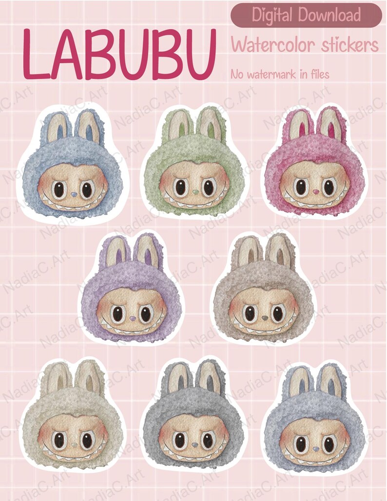 Labubu Watercolor Clipart Sticker Bundle - Etsy