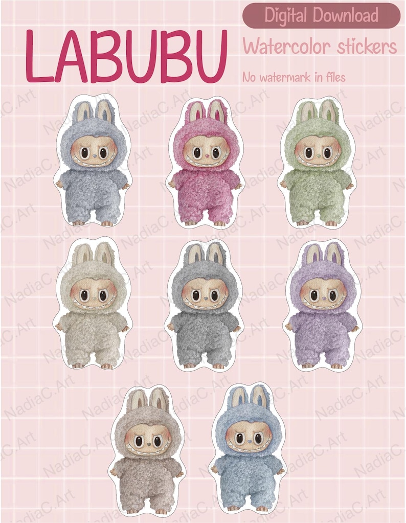 Labubu Watercolor Clipart Sticker Bundle - Etsy