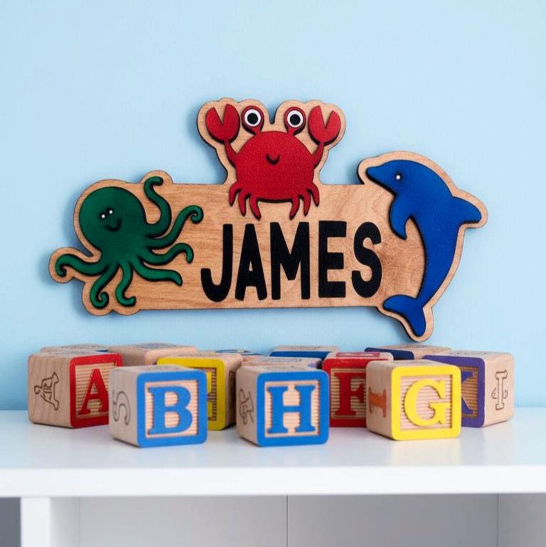 Ocean Animal Name Sign – Personalized Kids Wall Decor – Octopus, Crab ...