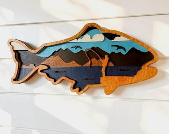 Layered Wooden Fish Wall Art, Laser Cut Fishing Scene, Cabin Decor - Etsy