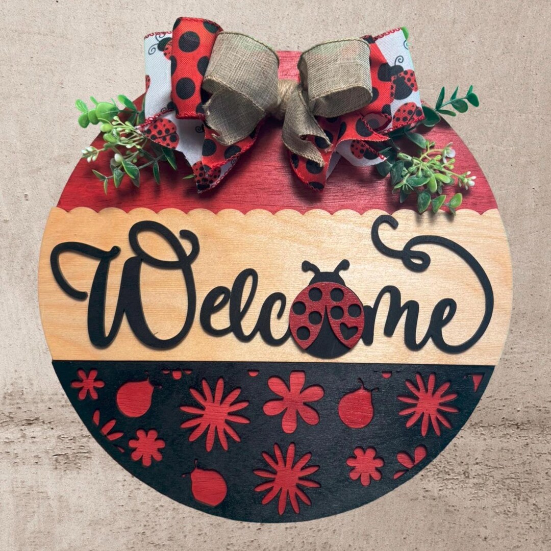 Ladybug Welcome Door Sign | 14" Round Wooden Porch Decor | Spring ...