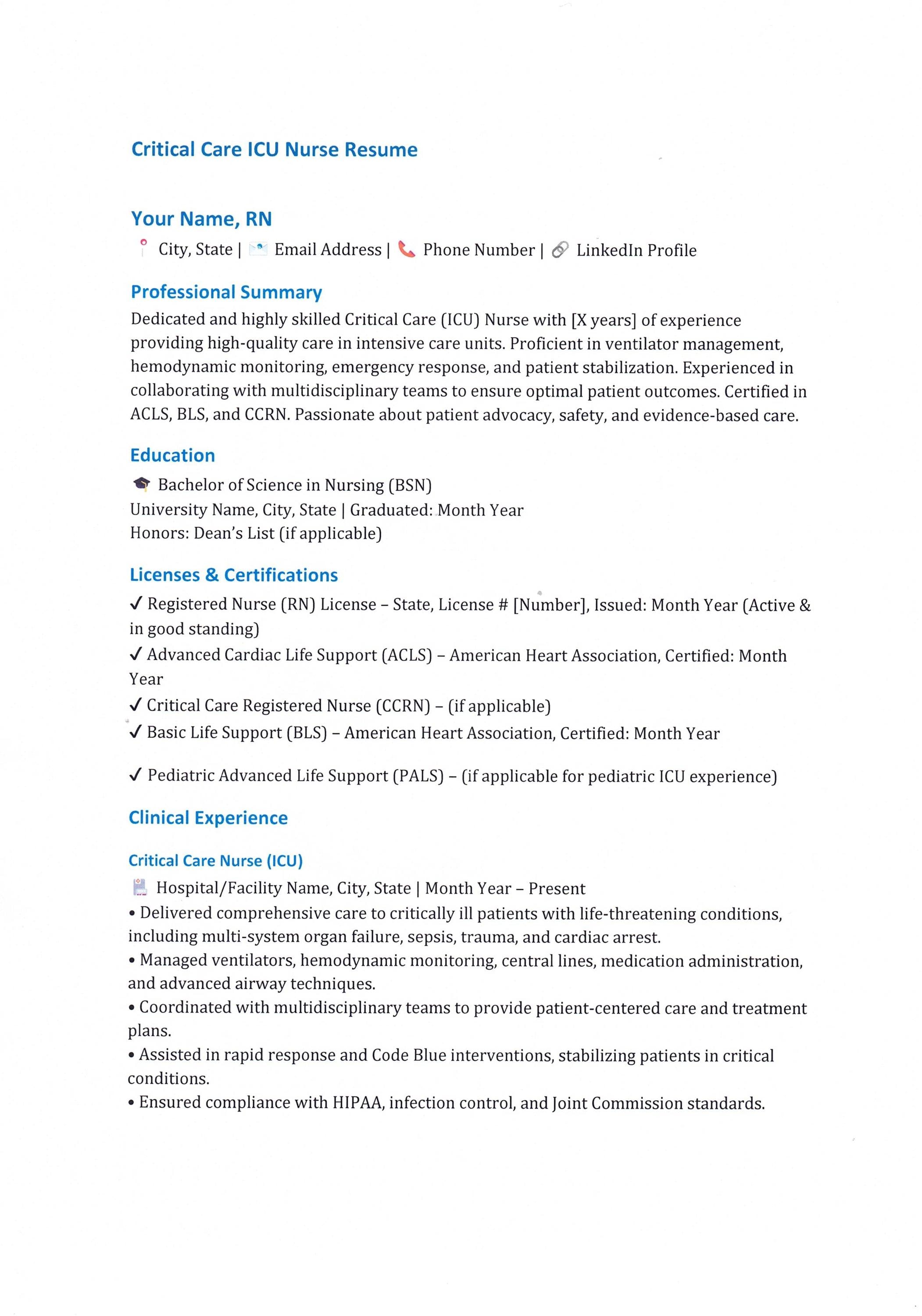 Critical Care ICU Nurse Resume | Ats-friendly, Editable, Word and PDF ...
