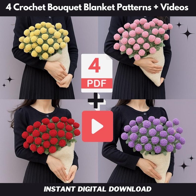 4 Crochet Bouquet Blanket Patterns PDF – Beginner Friendly With Step by Step Video Tutorials ...