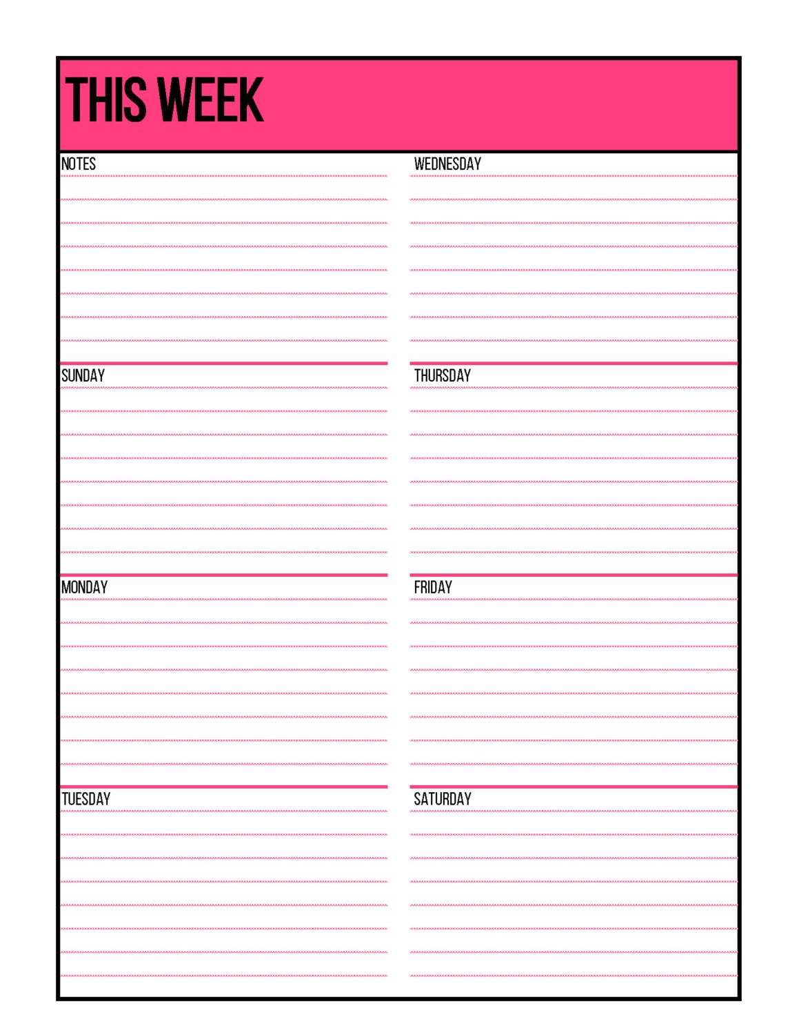 Pink Undated Weekly Planner Printable, Week on 1 Page, Letter Size ...