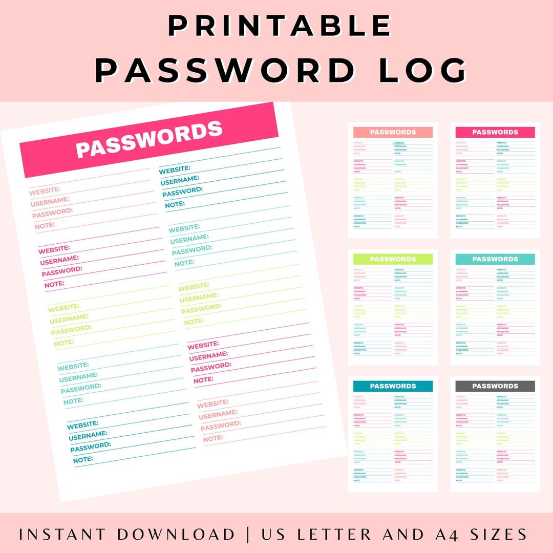 Colorful Password Log Printable, Letter & A4 Size Accounts Organizer ...
