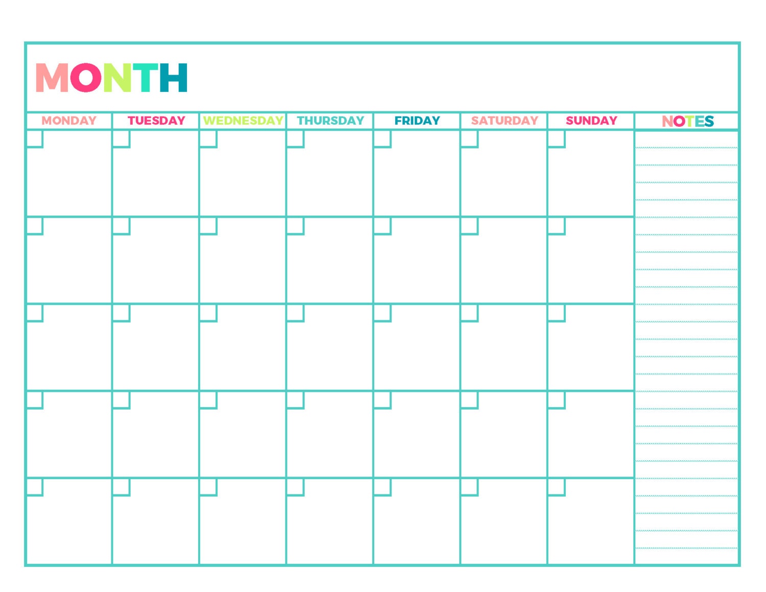 Bright Undated Monthly Planner Printable, Month on 1 Page,letter Size ...