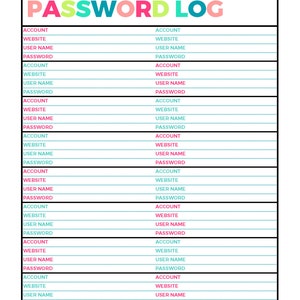 Bright Password Log Printable Page, Letter Size PDF, Home Binder ...