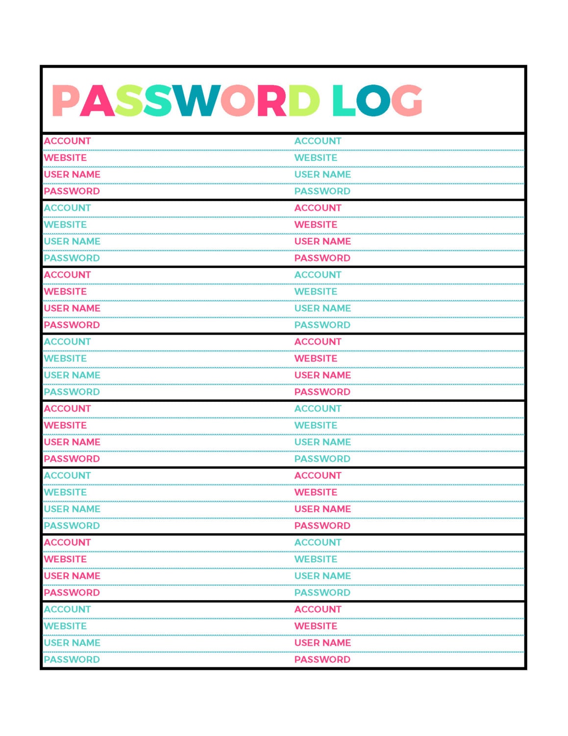 Bright Password Log Printable Page, Letter Size PDF, Home Binder ...