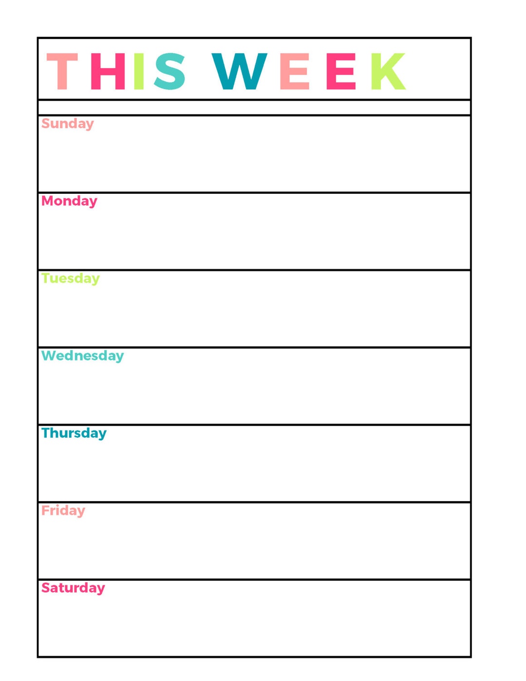 Bright Weekly Planner Printable, Week on 1 Page, Undated,letter Size ...