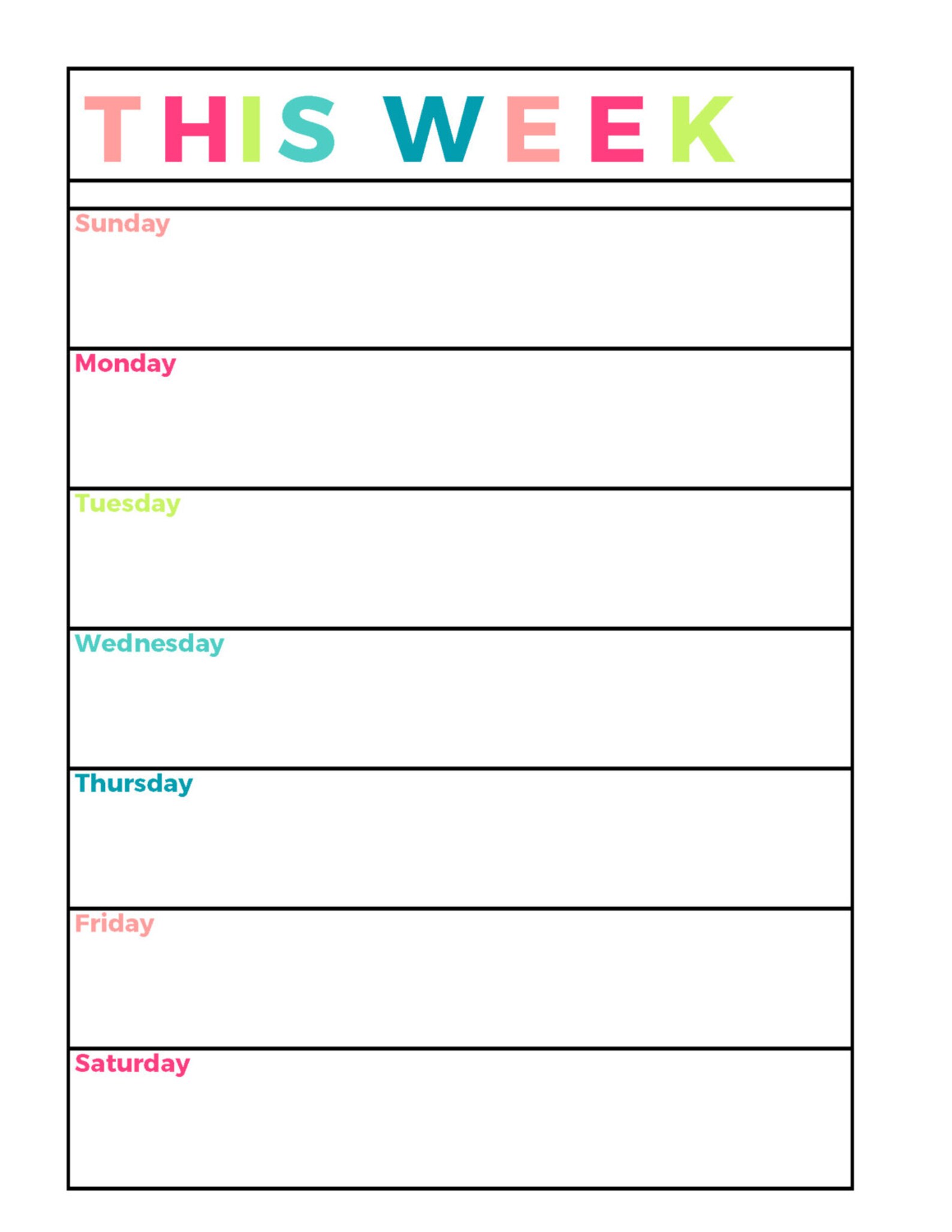 Bright Weekly Planner Printable, Week on 1 Page, Undated,letter Size ...
