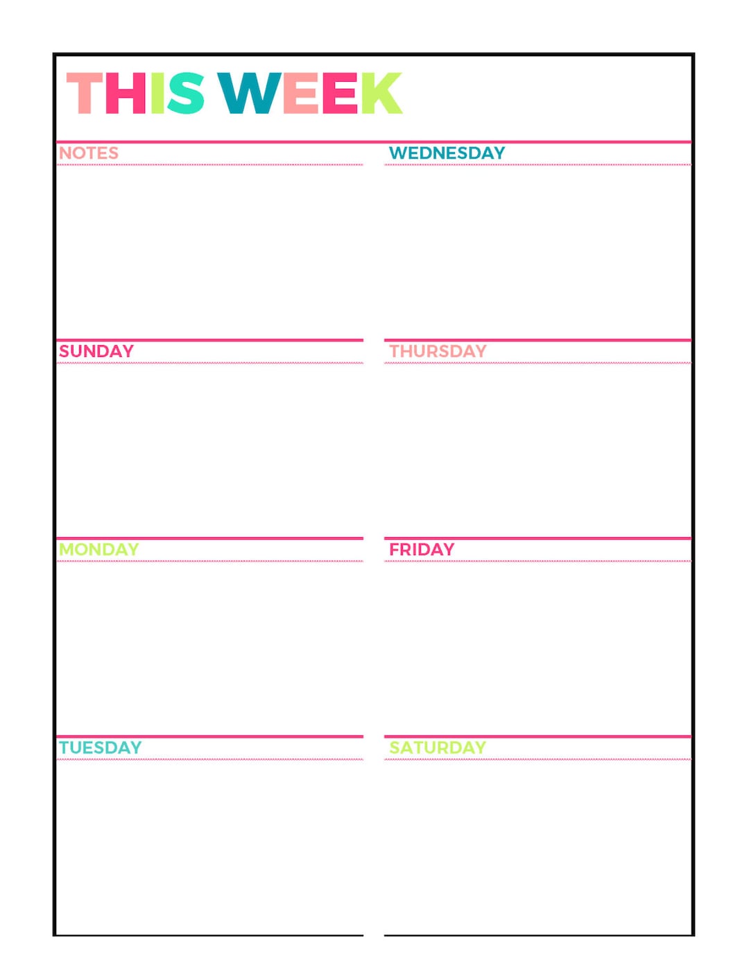 Bright Weekly Planner Printable, Week on 1 Page, Undated,letter Size ...
