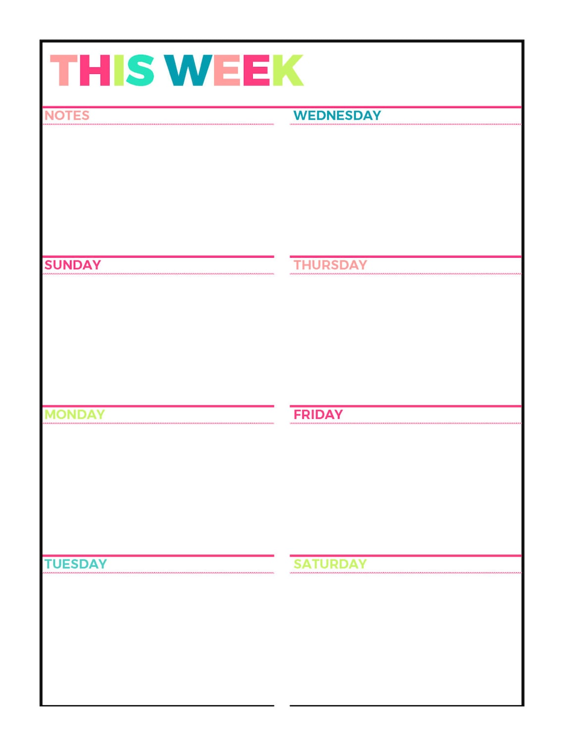 Bright Weekly Planner Printable, Week on 1 Page, Undated,letter Size ...