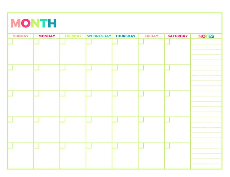 Bright Undated Monthly Planner Printable, Month on 1 Page,letter Size ...