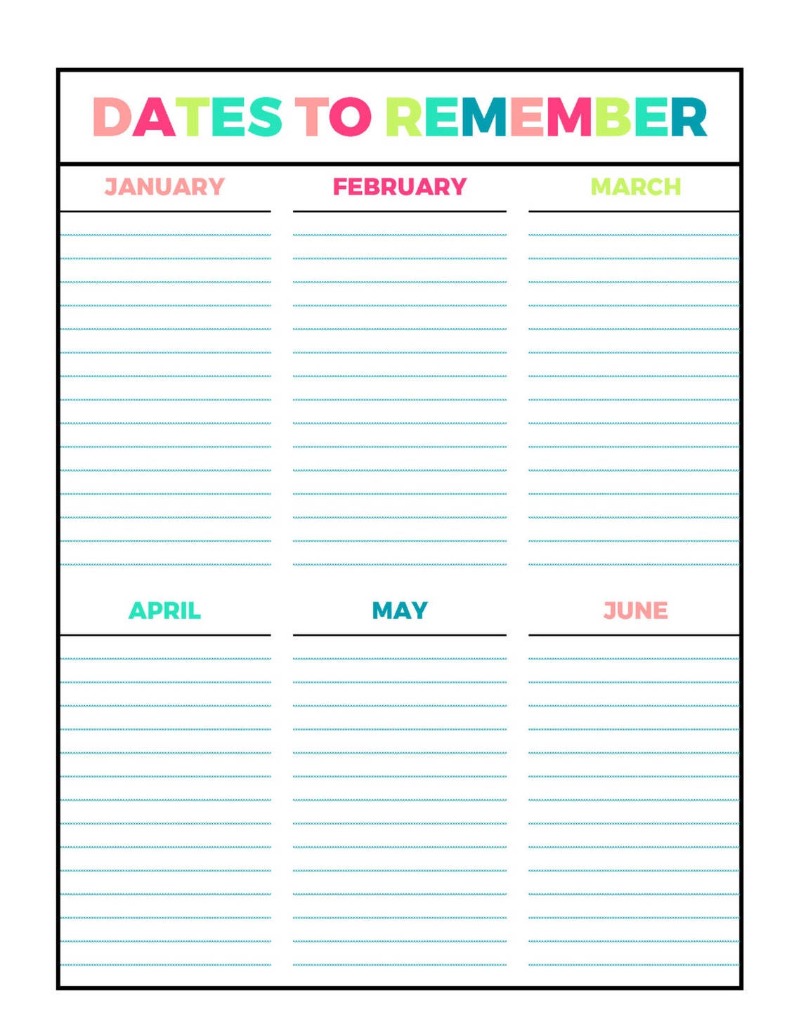 Bright Dates to Remember Printable Page, Letter Size PDF, Home Binder ...