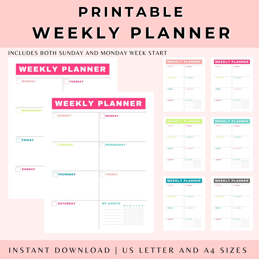 Colorful Undated Weekly Planner Printable, Sun Mon Start, 31 Colors, US ...