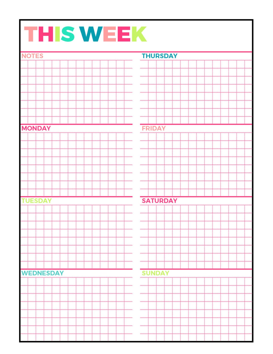 Bright Weekly Planner Printable, Week on 1 Page, Undated,letter Size ...