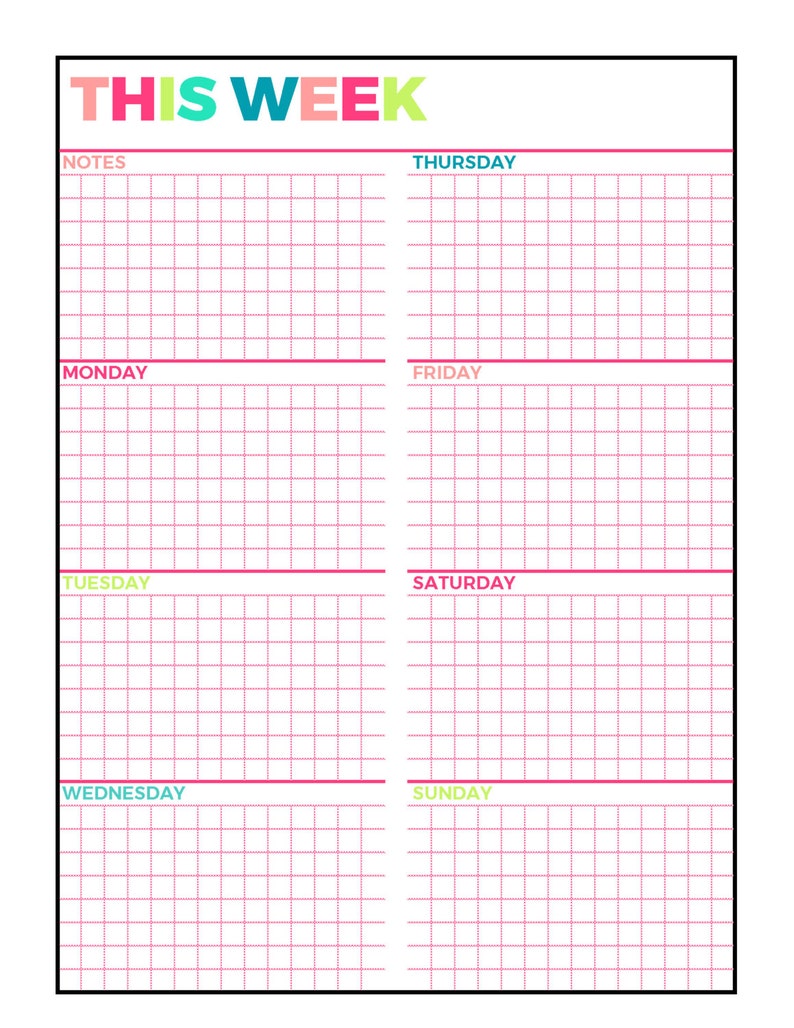 Bright Weekly Planner Printable, Week on 1 Page, Undated,letter Size ...