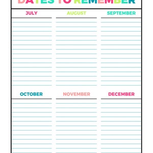 Bright Dates to Remember Printable Page, Letter Size PDF, Home Binder ...