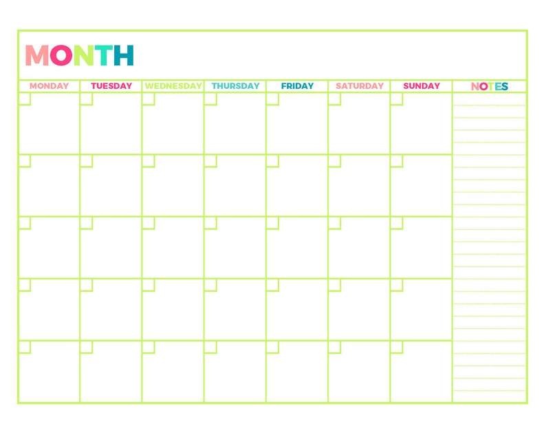 Bright Undated Monthly Planner Printable, Month on 1 Page,letter Size ...