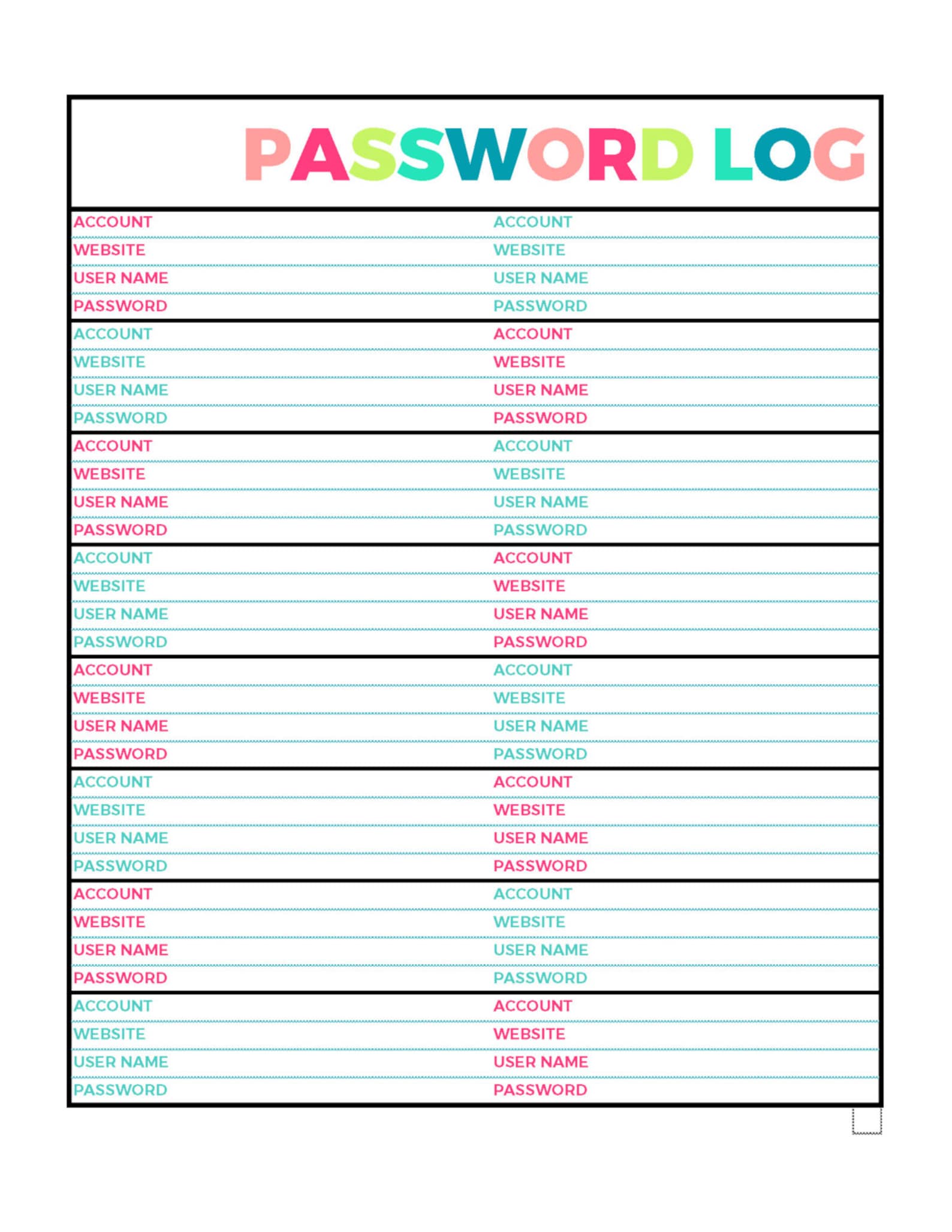 Bright Password Log Printable Page, Letter Size PDF, Home Binder ...