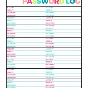 Bright Password Log Printable Page, Letter Size PDF, Home Binder ...