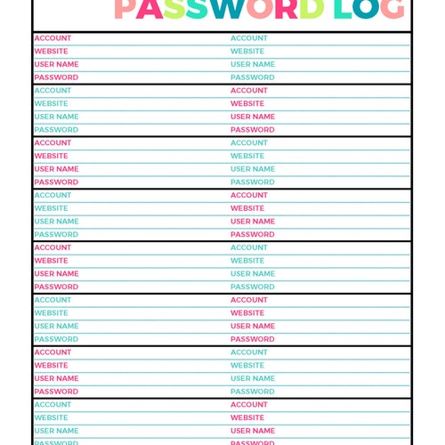 Bright Password Log Printable Page Letter Size PDF Home - Etsy