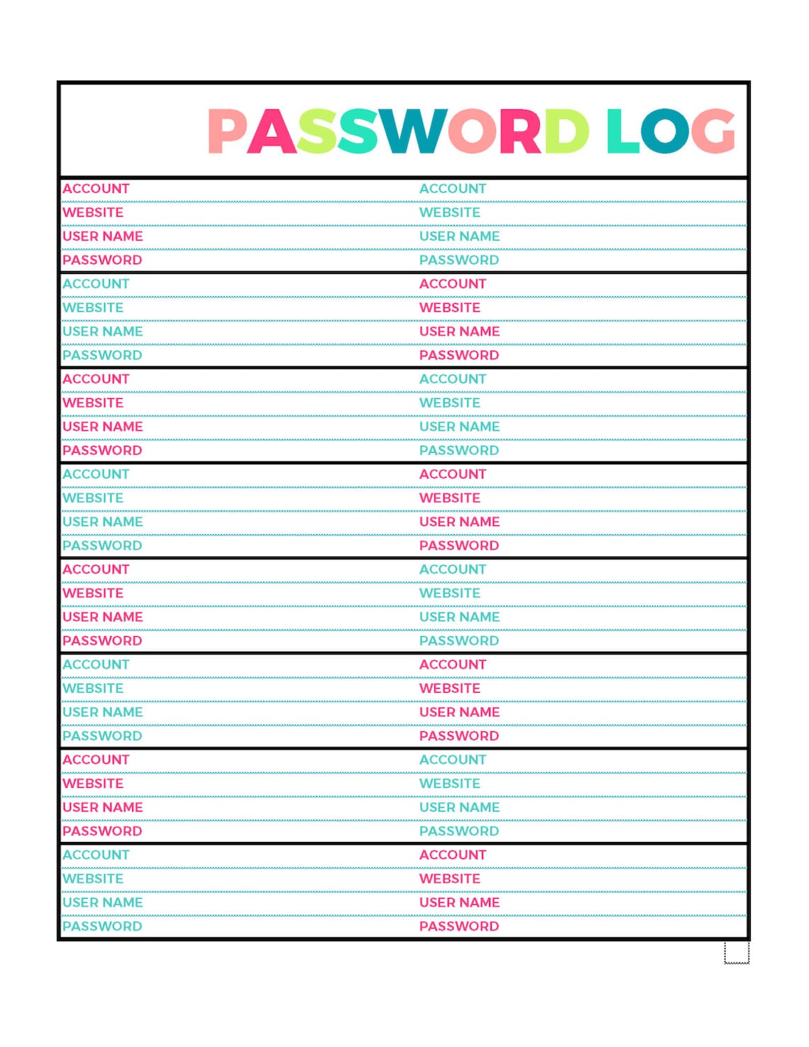 Bright Password Log Printable Page, Letter Size PDF, Home Binder ...
