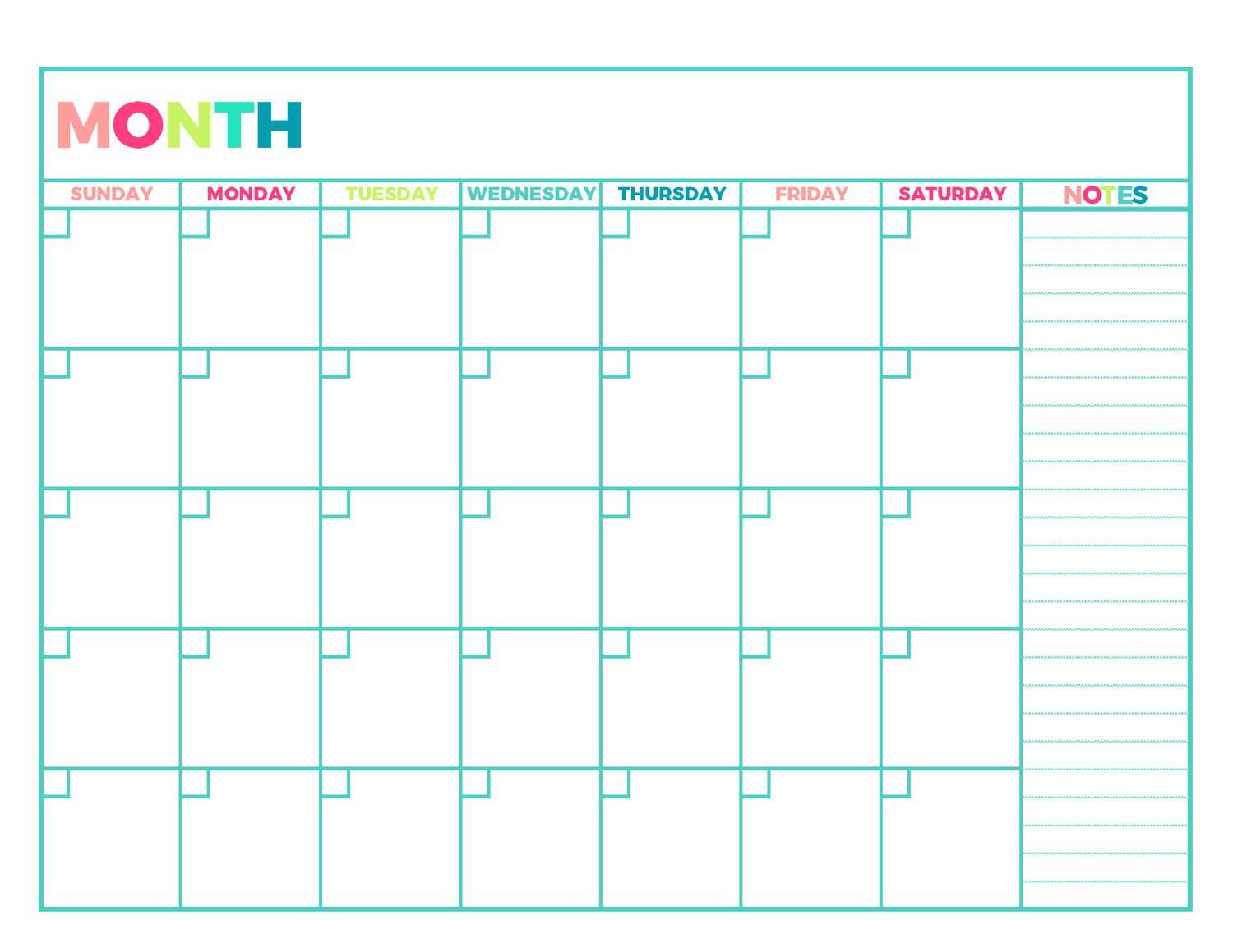 Bright Undated Monthly Planner Printable, Month on 1 Page,letter Size ...