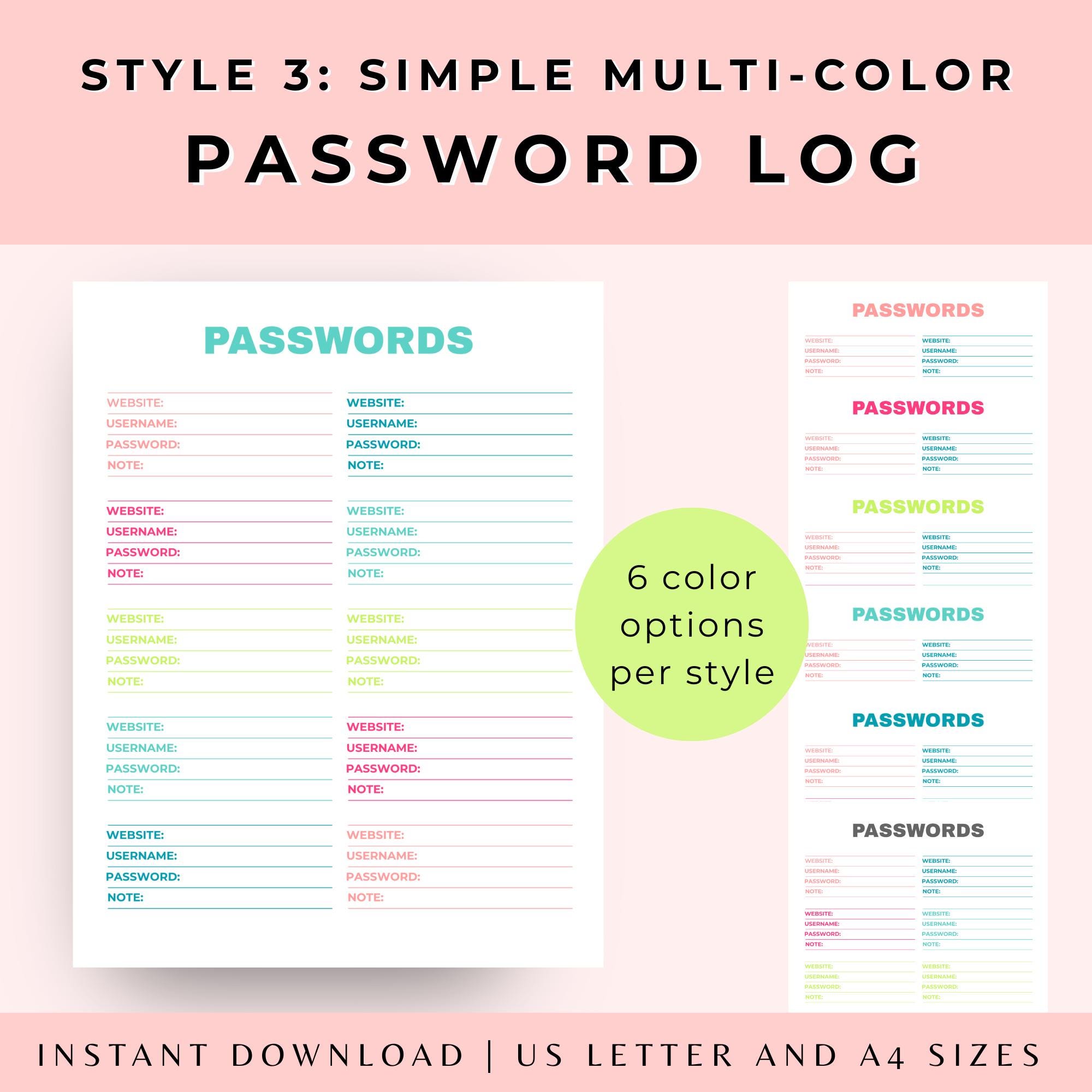 Colorful Password Log Printable, Letter & A4 Size Accounts Organizer ...