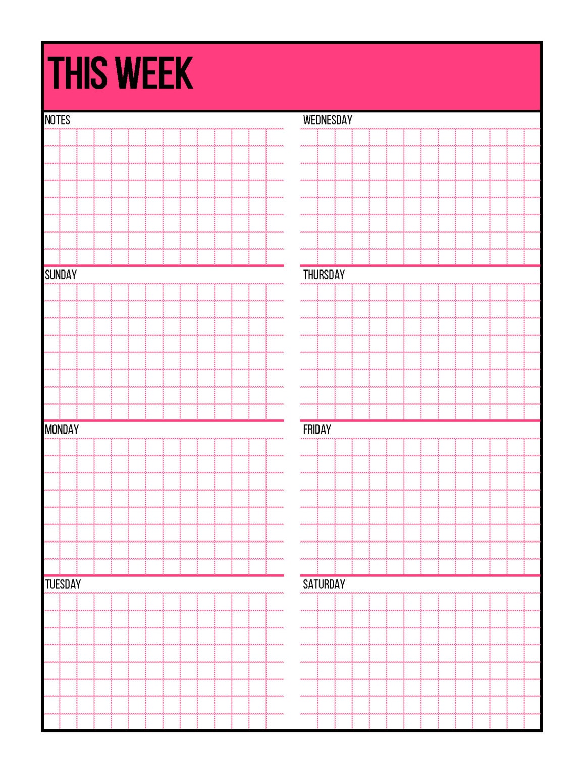 Pink Undated Weekly Planner Printable, Week on 1 Page, Letter Size ...