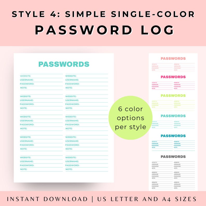 Colorful Password Log Printable, Letter & A4 Size Accounts Organizer ...