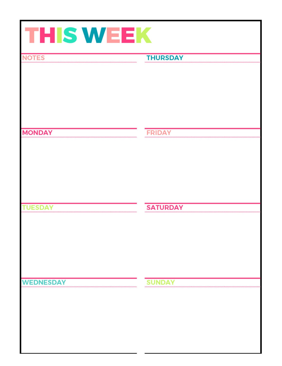 Bright Weekly Planner Printable, Week on 1 Page, Undated,letter Size ...