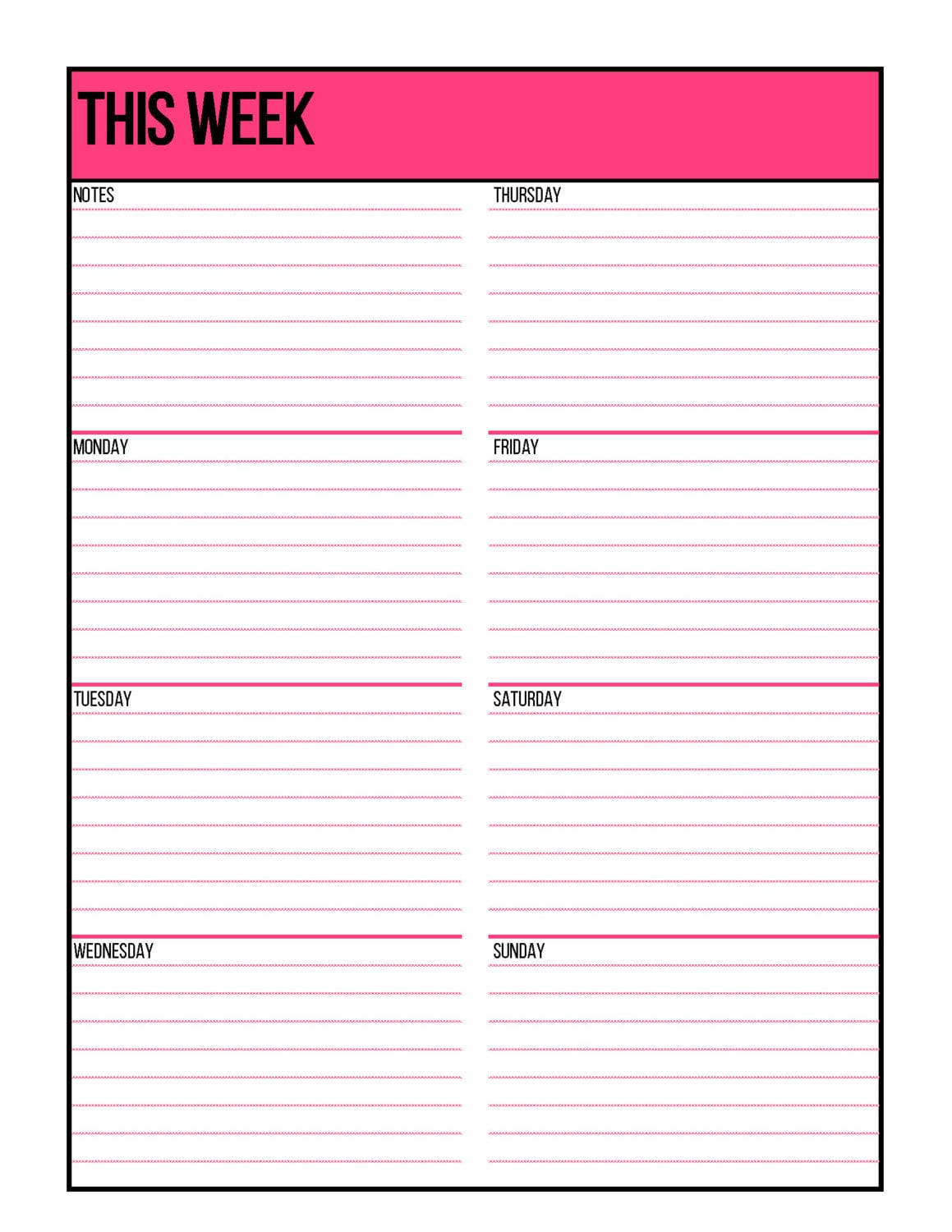 Pink Undated Weekly Planner Printable, Week on 1 Page, Letter Size ...