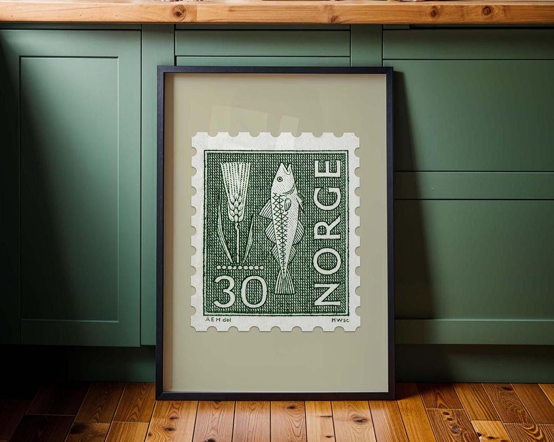 Retro Fishing Art Print, Green Fish Postage Stamp Wall Art, Gift for ...