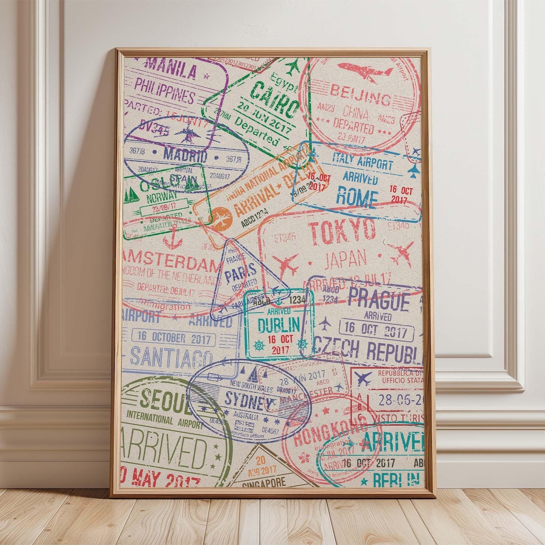 Passport Stamps World Cities Art Print: Colorful Travel Wall Decor ...