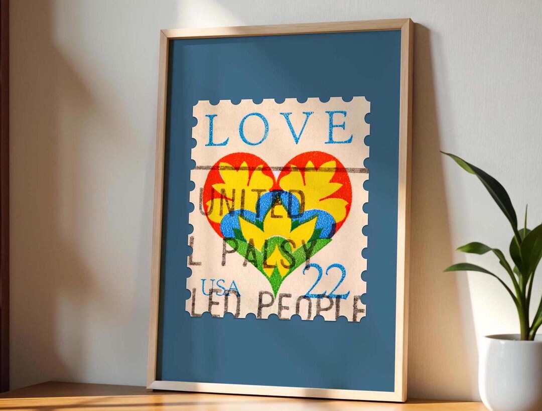 Retro Love Poster, Love Poster Wall Art, Heart Postage Stamp Deco ...