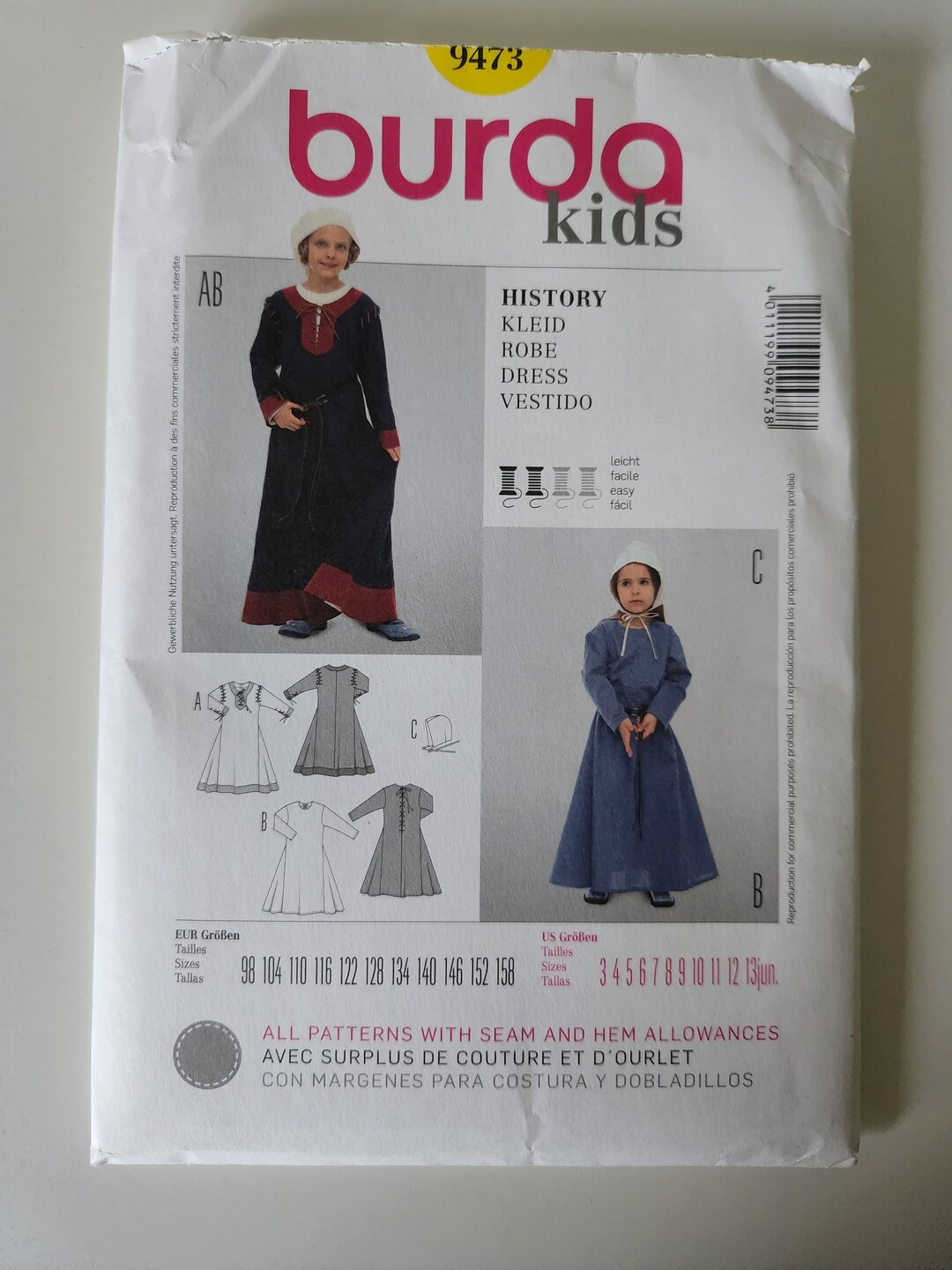 Burda Kids 9473 Historical Costume Sewing Pattern, Uncut, Size 3-4-5-6 ...