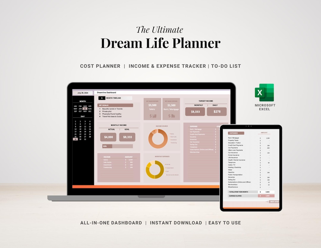 Dream Life Planner Excel Spreadsheet Template| Dream Planner| Cost ...